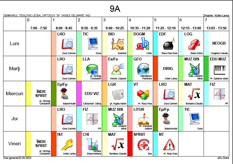 Orar - modul 4 - 2022-2023 | Seminarul Teologic Ortodox Iasi