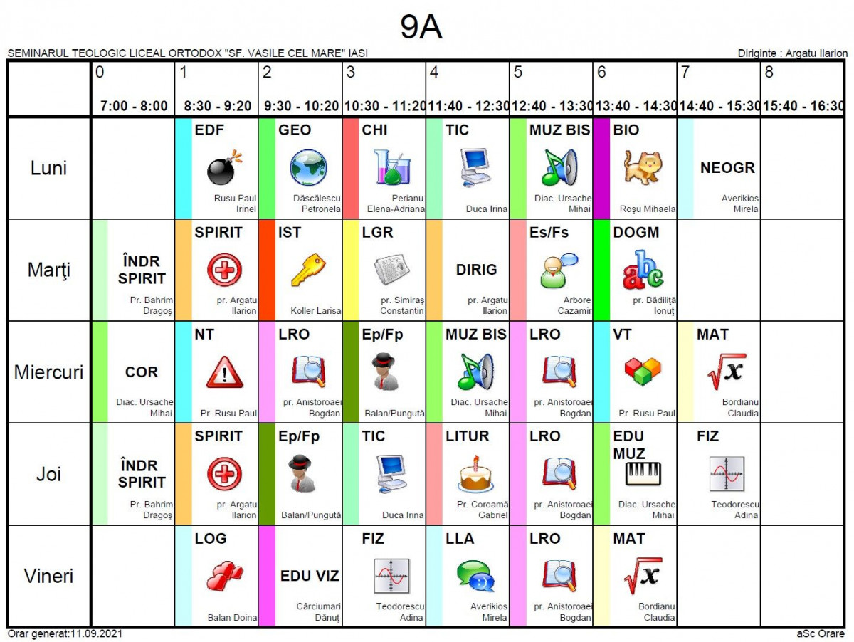 Orar ELEVI semestrul I 2021-2022 | Seminarul Teologic Ortodox Iasi
